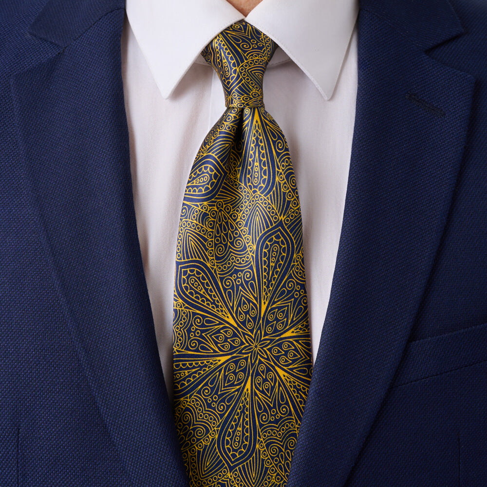 Mandala of Prosperity Blue and Yellow Duchesse Silk Tie – Silvio Fiorello